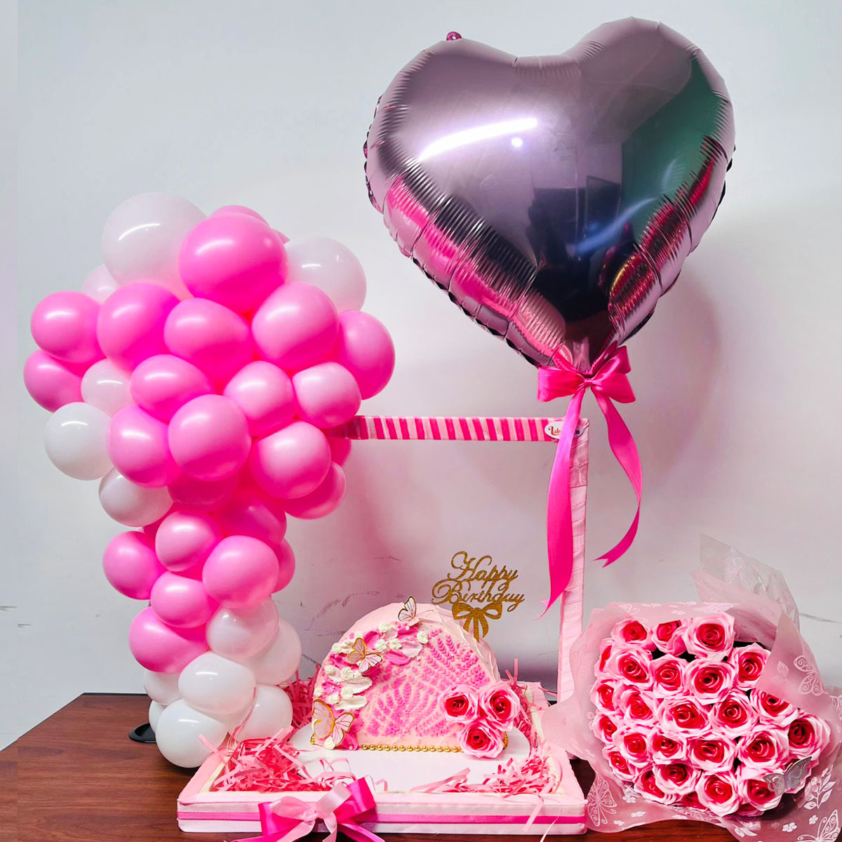 Pretty in Pink Celebration Set – Balloon, Cake & Rose Gift Hamper ...